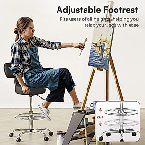 SUPERJARE Drafting Chair with Back, Adjustable Foot Rest Rolling Stool, Multi-Purpose Office Desk Chair, Thick Seat Cushion for Home Bar Kitchen Shop - Black