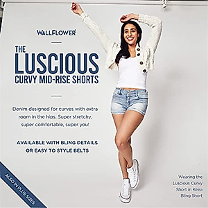 WallFlower Women's Luscious Curvy Denim Mid-Rise Bling Insta Stretch Juniors (Standard and Plus), White Belted Short, 13