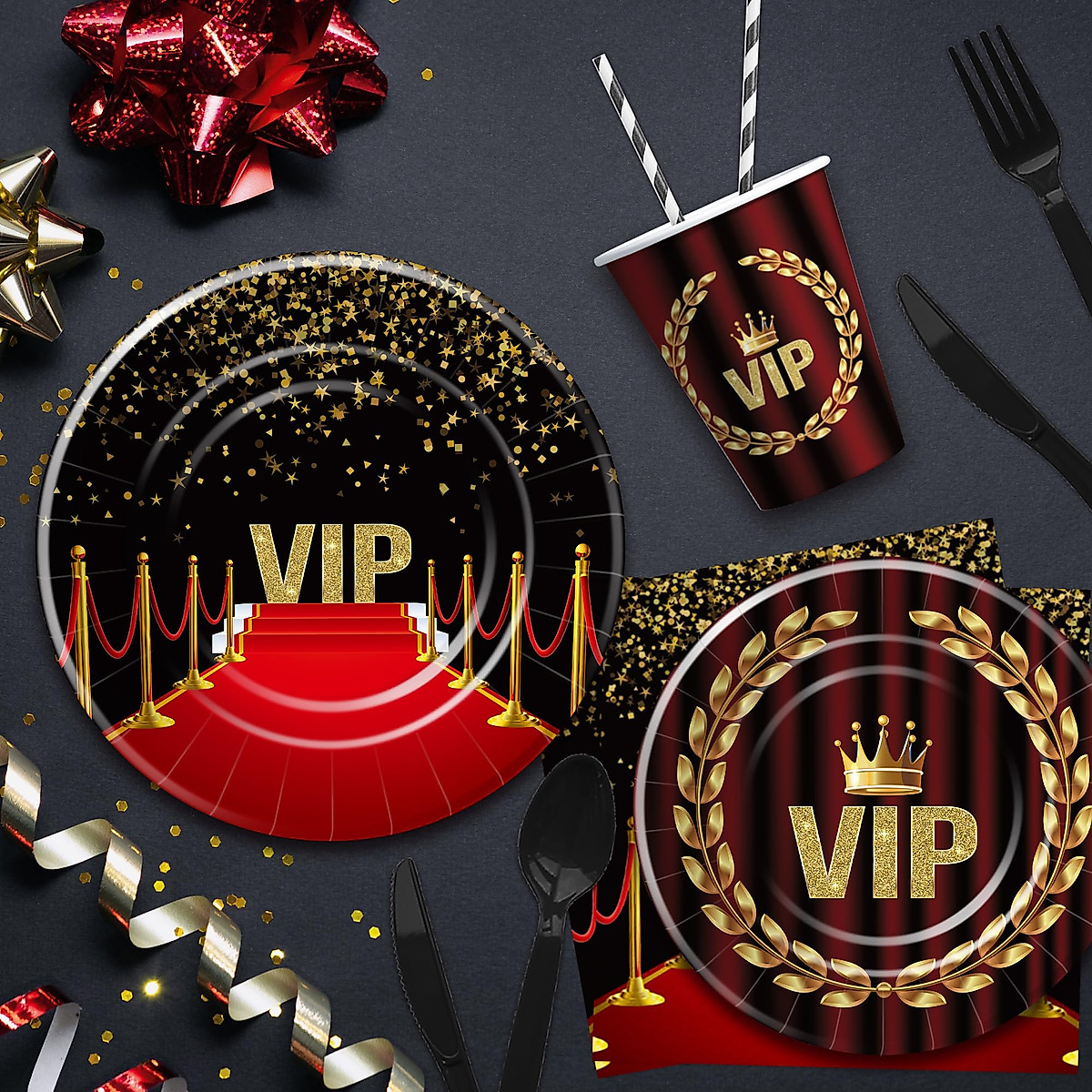 Xenorik VIP Party Decorations Tableware - Movie Star Red Carpet Birthday Party Supplies, Plate, Cup, Napkin, Tablecloth, Cutlery, Film Show VIP Pass Red Carpet Activity Prom Party Supplies | Serve 24