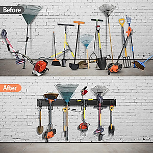 Garage Tool Storage Rack, Garage Organizer Wall Mounted Storage System with 6 Hooks, Max 300 lbs Super Heavy Duty Garden Tool Hanger Rack for Ski Gears, Chair, Broom, Mop, Rake Shovel Yard Tools