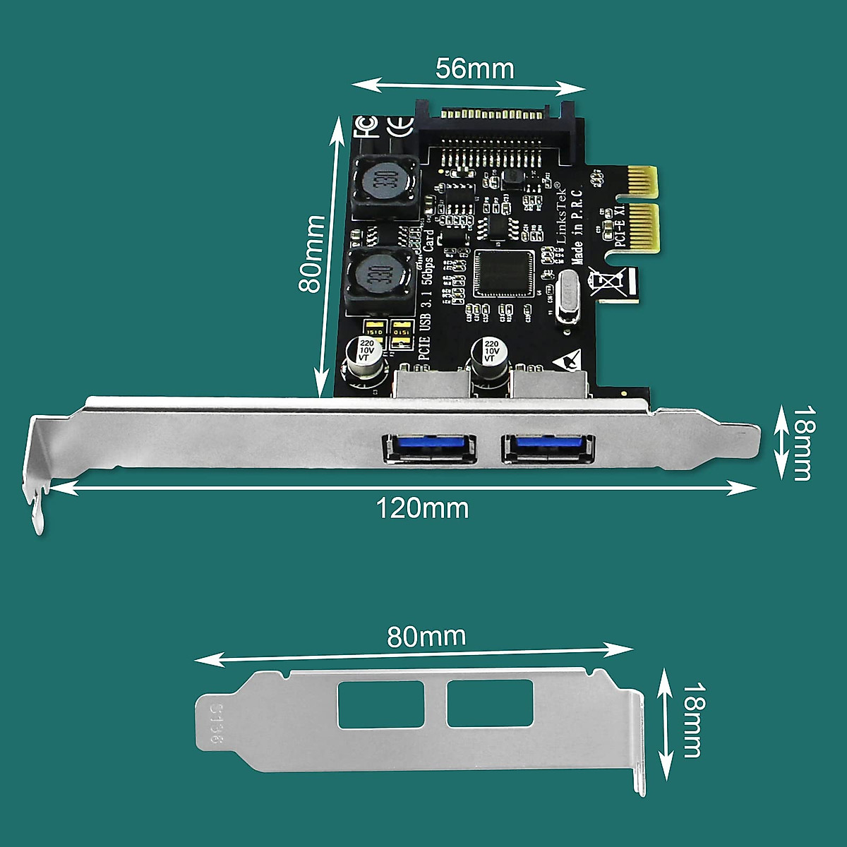 LinksTek 2-Ports PCIE USB 3.0 (USB 3.1 GEN1) 5Gbps Expansion Card for Desktop PCs, 2X 5Gbps USB-A Ports, Built in Smart Power Distribution Technology, No Need Extra Power Supply (PCIE-U302A)
