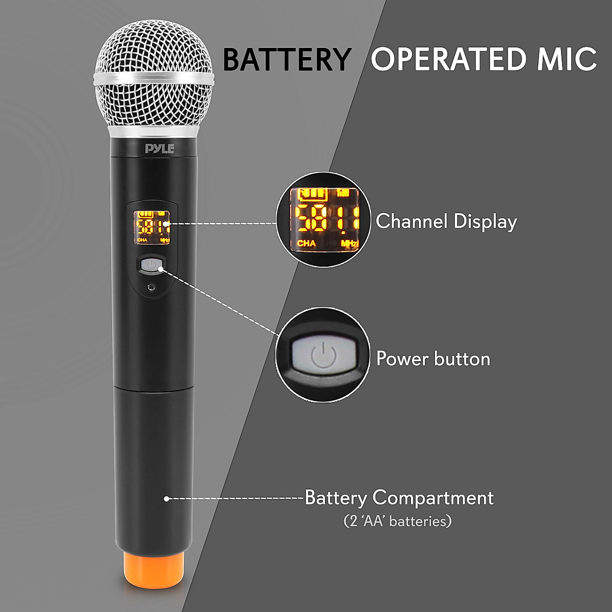 PYLE Compact UHF Wireless Microphone System - Pro Portable Single Channel Desktop Digital Mic Receiver Set w/ 1 Handheld Mic, Receiver Base, USB Cable, Battery, for Home, PA, Karaoke, DJ PDWM1950