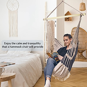 BDECORU Hanging Hammock Chair Swing - Outdoor & Indoor Hammock Swing Chairs for Outside or Inside of Home, Swing Hanging Chair with Footrest - Includes 2 Cushions, Bag, & Hanging Kit - Gray Beige