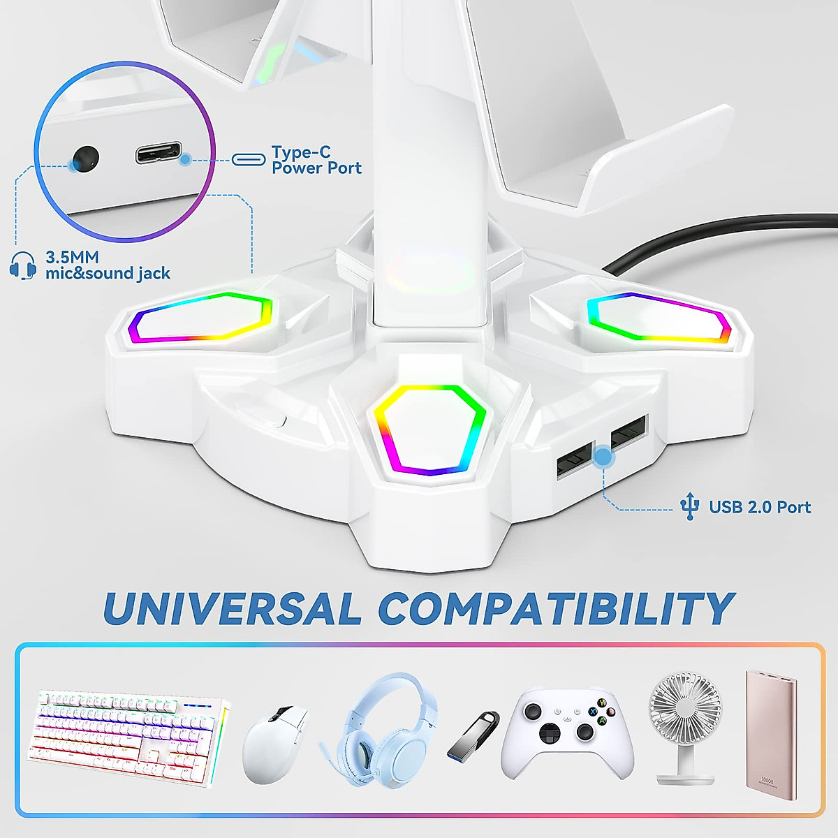 KDD Gaming RGB Headphones Stand, Rotatable Headset Stand with 9 Light Modes - Controller Holder with 2 USB Charging Ports and 3.5mm - Earphone Hanger Accessories for Desktop Gamer(White)