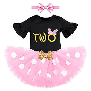 Cake Smash Wild Two Birthday Clothes for Baby Girls Polka Dots Romper Tulle Dress Ear Princess Pageant Outfits Sundress Playwea Pink+Black 2T