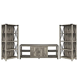 AMERLIFE Industrial Farmhous 68" TV Stand for TVs up to 70" & Set of 2 Industrial Metal X Back Bookshelf, 64", Rustic Wash Grey