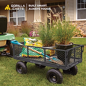 Gorilla Carts 800 Pound Capacity Steel Utility Cart, Flatbed Dolly Gardening Cart Outdoor Yard Wagon with Tow Handle and Removable Sides, Grey