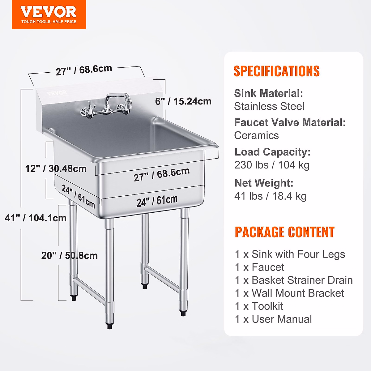 VEVOR Stainless Steel Prep & Utility Sink, 1 Compartment Free Standing Small Sink Include Faucet & legs, 27"x41" Commercial Single Bowl Sinks for Garage, Restaurant, Kitchen, Laundry, NSF Certified