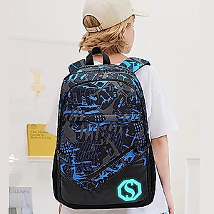 Backpack for Kids Boys Elementary Bookbag 17 Inch Middle School Bag Primary Waterproof Rucksack for Teens Travel Fits Ages 6+ YO（Graffiti-Blue Black)