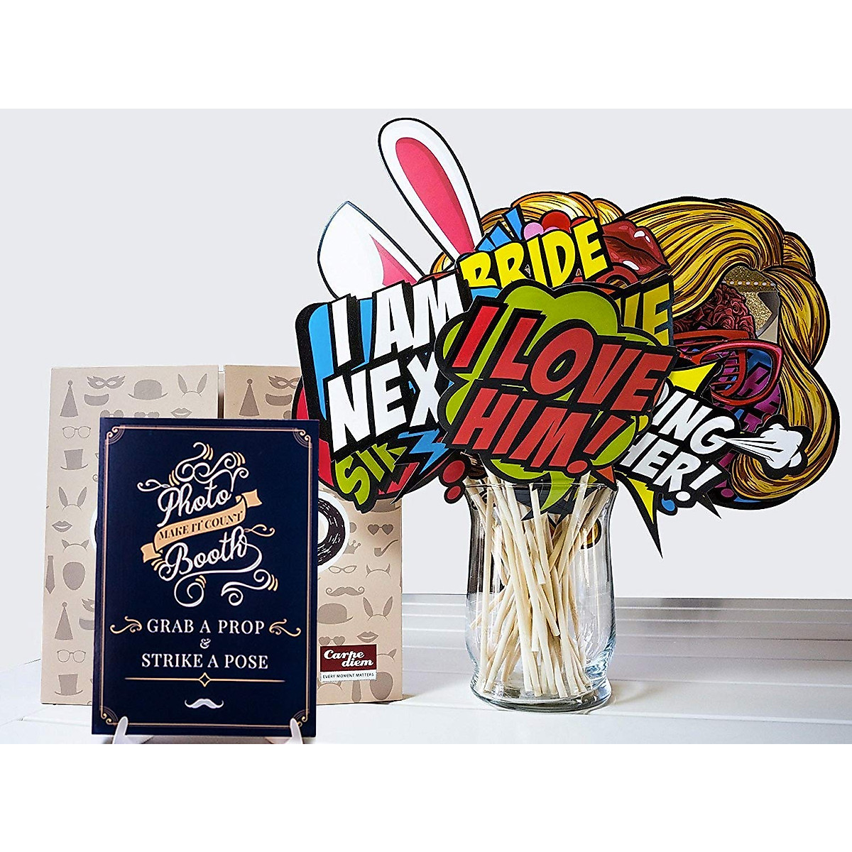 Wedding Photo Booth Props Kit - 38 Pieces with Wooden Sticks - Engagement, Birthday Party, Wedding Shower, Bridal Shower Photo Booth Props - Carpediem Party Prop Essential Vol.1