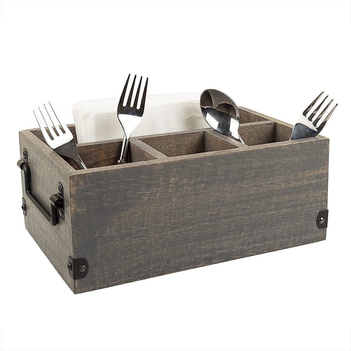 GoCraft 4 Compartment Flatware Caddy, Cutlery Utensil Holder, Silverware Condiment Organizer with Napkin Holder for Kitchen, Dining, Picnics, Grey Washed Mango Wood Caddy with Metal Handles