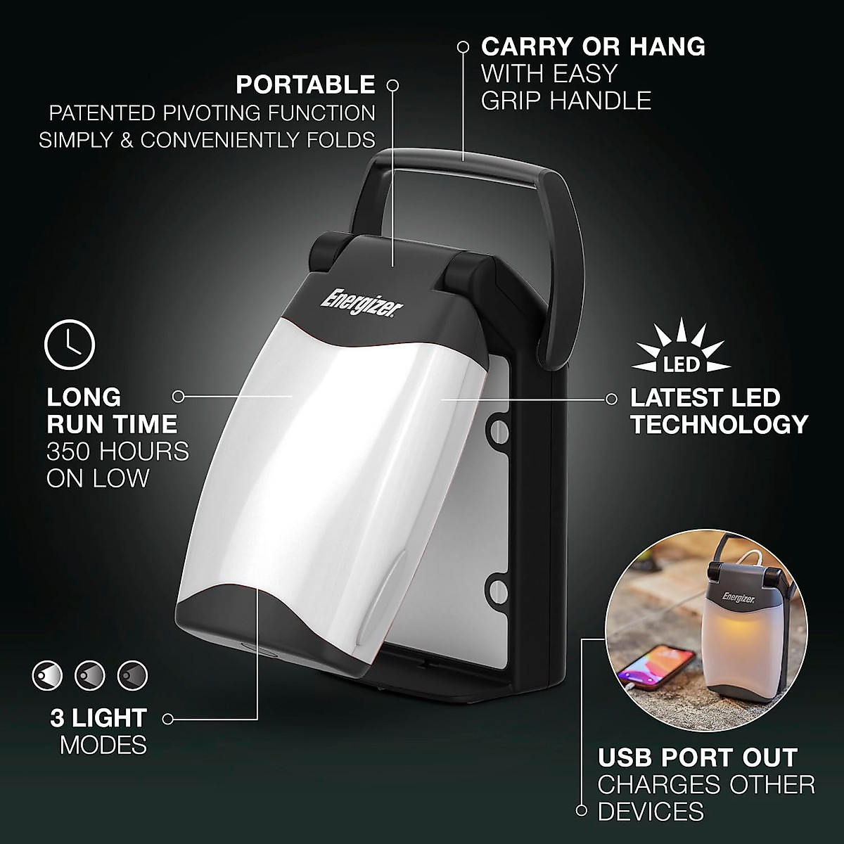 Energizer Weatheready Folding LED Portable Lantern, Battery Powered Lantern, Water Resistant Camping Lantern and Emergency Light, Pack of 1, Black