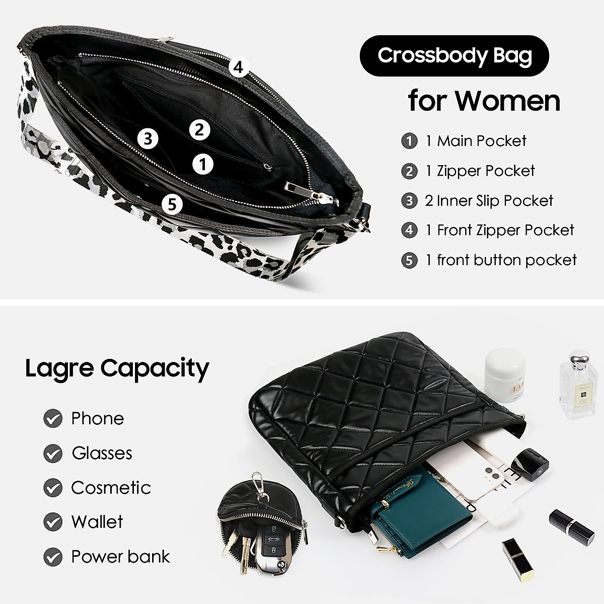 Quilted Crossbody Bags for Women, Unique Pattern Strap, Large Puffer Bag