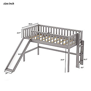 Harper & Bright Designs Twin Size Low Loft Bed with Slide, Wood Low Loft Bed for Kids, Girls, Boys (Gray)