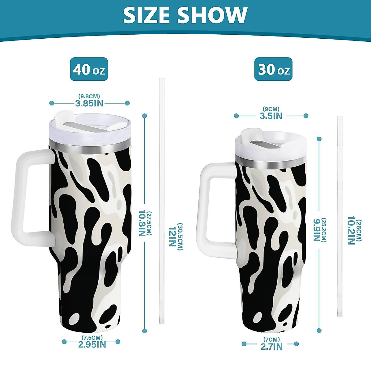 ARGTILDN 40 oz Tumbler Cow Print Spots Insulated Travel Mug with Handle and Straw Lid Stainless Steel Vacuum Coffee Cup Tea Beverage Container Water Bottles for Car Sports office
