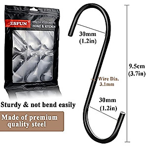 30 Pack ESFUN S Hooks Black Steel S Shaped Hooks for Hanging Pans Pots Plants Bags Towels Heavy Duty Kitchen Hooks Hanger, Large 3.7 inch