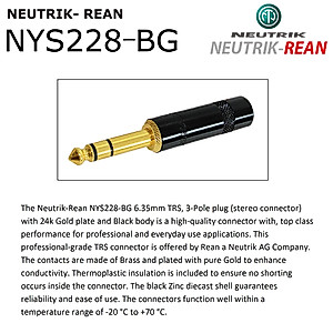 2 Units - 10 Foot - Canare L-4E6S Star Quad, Patch Cable terminated with Neutrik-Rean NYS ¼ Inch (6.35mm) Gold TRS Stereo Phone Plugs - CUSTOM MADE By WORLDS BEST CABLES.