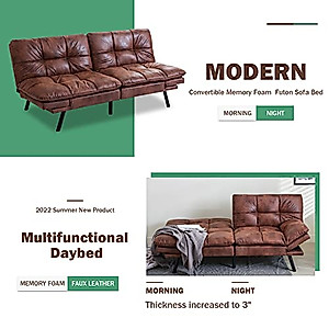 Opoiar Futon Sofa Bed,Lounge Memory Foam Sleeper Couch Room,Convertible Loveseat for Compact Living Spaces Studio Apartment,Dorm,Home Office,71"-Brown-Faux Leather-Thicker versio, 713331.5