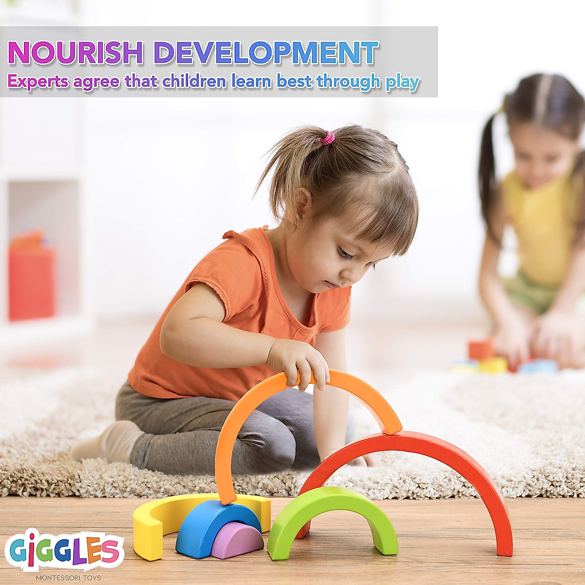 Wooden Rainbow Stacking Toy Playset – 6 Colorful Stacking Blocks & 12 Wooden People, Rainbow Baby Toy, Rainbow Stacker & Brain Development – Rainbow Toy & Puzzle Montessori Rainbow