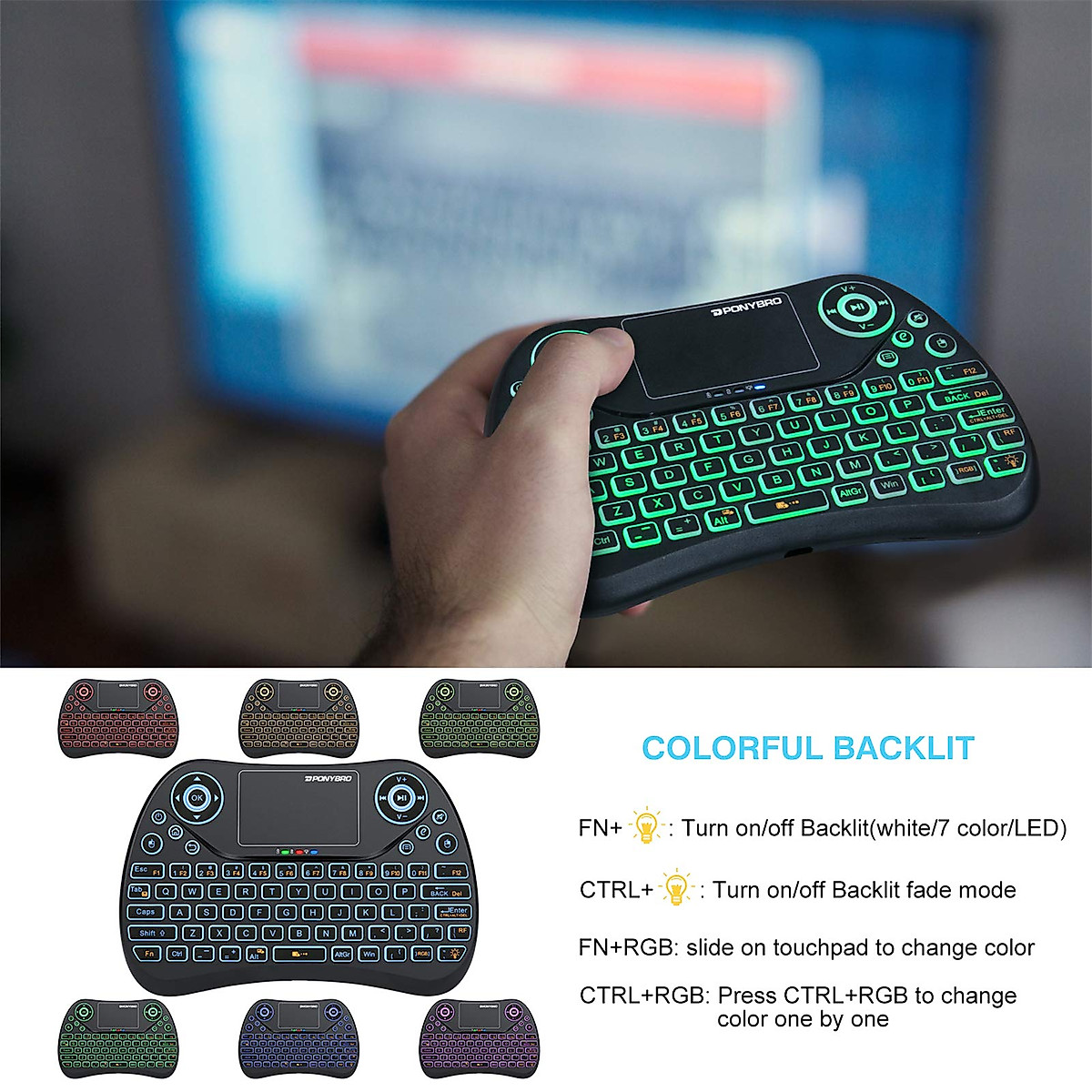 PONYBRO (Newest Version) Backlit Mini Wireless Keyboard with Touchpad Mouse Combo QWERTY Keypad,Rechargeable Handheld Keyboard Remote for Smart TV,Android TV Box,Xbox,Raspberry Pi,PC