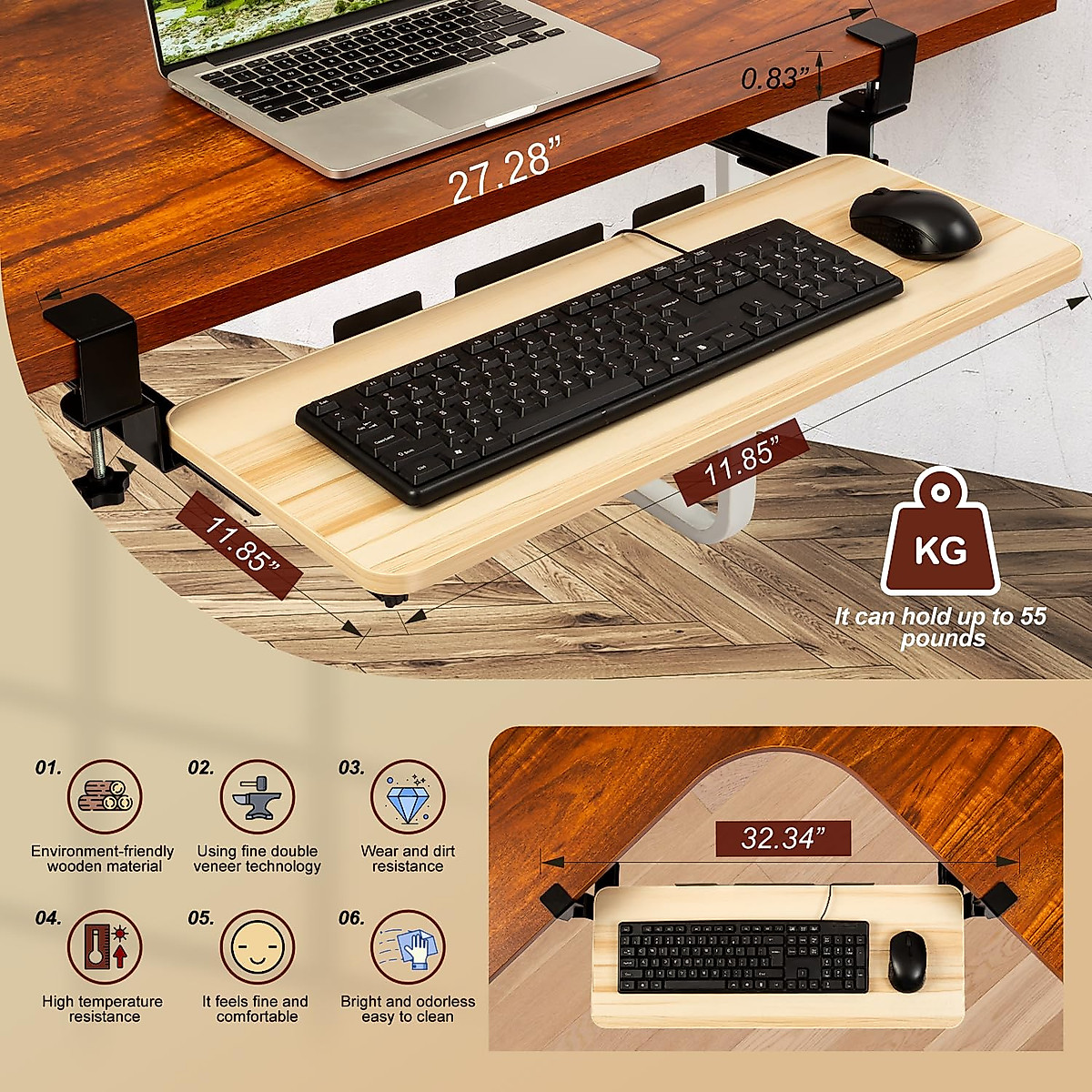 TOKPELA Keyboard Tray Under Desk for Corner L Shaped Desk, Ergonomic Corner Desk Keyboard Tray，Under The Desk Slide Out Computer Keyboard & Mouse Tray， 27.28" W x 11.85" D x 0.83”H (Light Walnut)