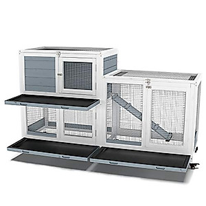 GDLF Two Floors 58" Wooden Indoor Bunny Hutch Rabbit Cage on Wheels Guinea Pig PET House for Small to Medium Animals Waterproof No Leak Tray
