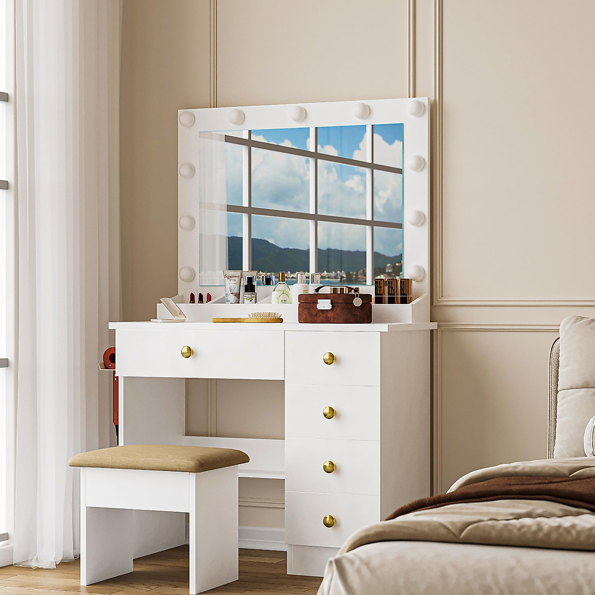 VIVILIFE 36’’ W Vanity Set, Vanity Desk with Power Outlet, Makeup Table with Mirror and LED Lights, Adjustable Lighting, 5 Drawer and Functional Desk Surface, Bedroom Choice for Women and Girls