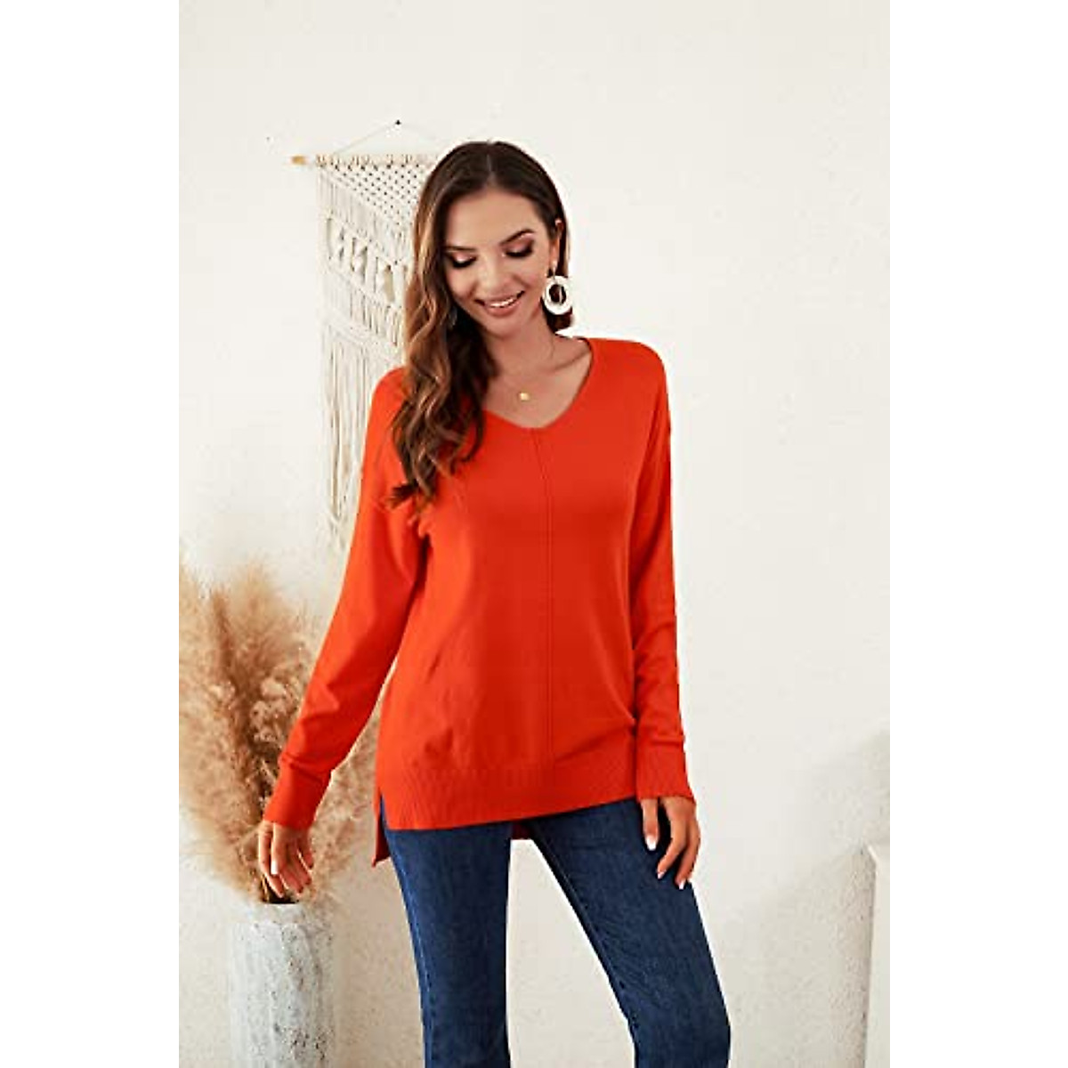 MicroStar Women's Spring Casual Lightweight V Neck Batwing Long Sleeve Knit Top Loose Pullover Sweater Orange