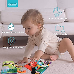 beiens Baby Books Toys, Baby Books 0-6 Months, Touch and Feel Cloth Crinkle Soft Books, Toys for 0-3-6-12-18 Months Infant Newborn Baby Boy Girl Shower Gifts Set, Sensory Learning Stroller Toys (3PCS)