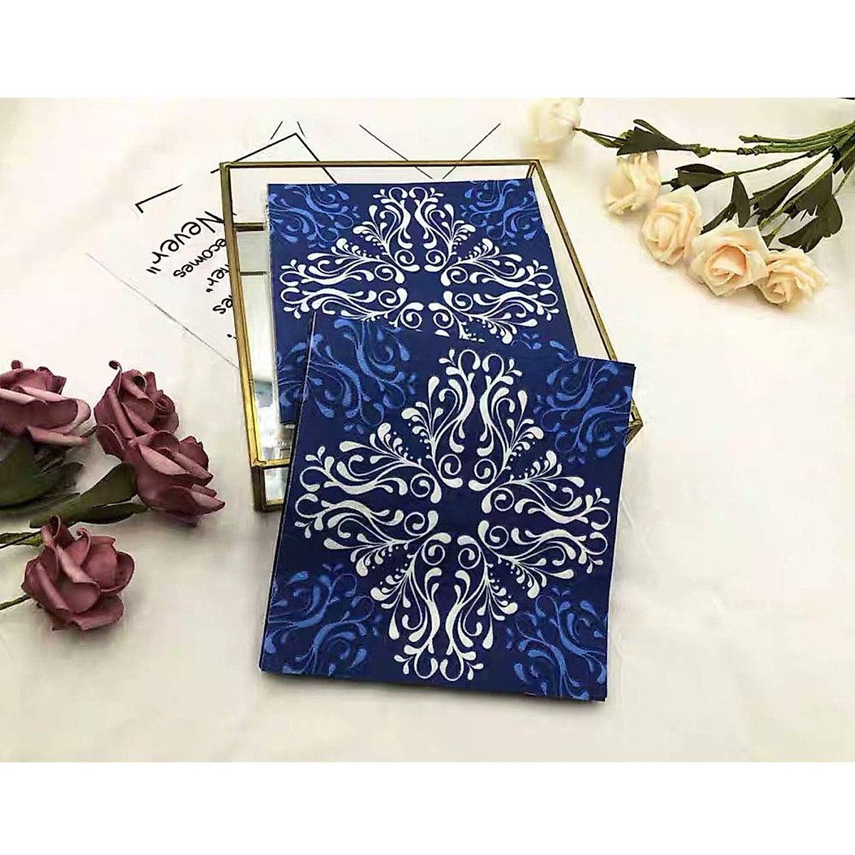 Meiosuns Cocktail Napkins Disposable Paper Tea Party Napkins with Floral Pattern, Elegant Parties Supplies, Ideal for Wedding Bridal Shower, Folded 6.5 x 6.5 Inches (Navy Blue and Flowers,40 Count)