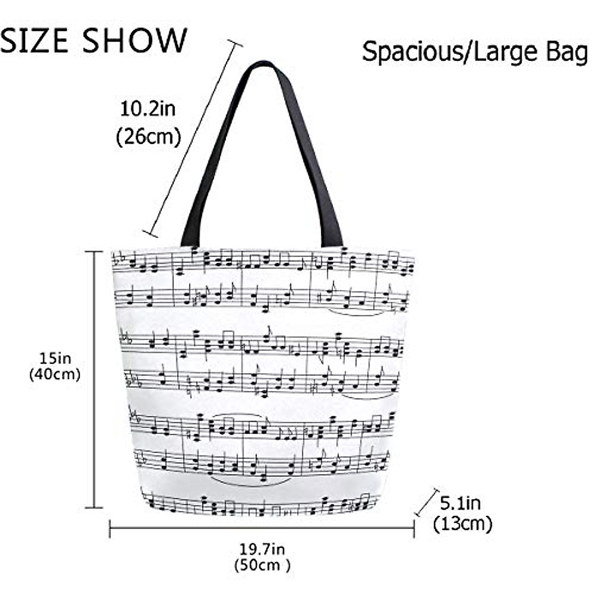 ZzWwR Chic Music Stave Notes Extra Large Canvas Shoulder Tote Top Handle Bag for Gym Beach Travel Shopping,Black White