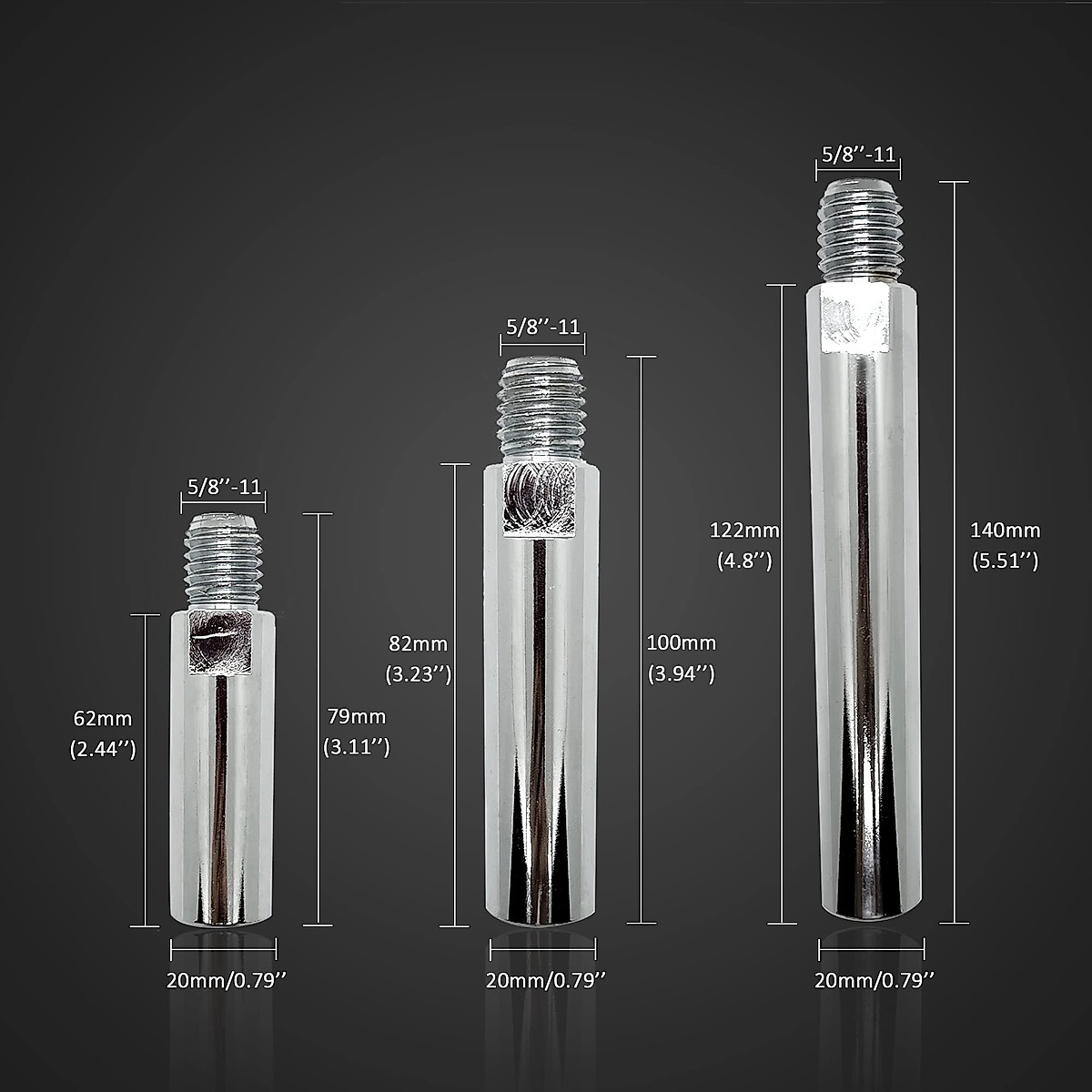 3 PCS 5/8"-11 Thread Angle Grinder Extension Shaft, Rotary Extension Shaft Set, Angle Grinder Extension Connecting Rod, for Polisher and Angle Grinder, 3.1 inch, 3.9 inch, 5.5 inch (Silver)