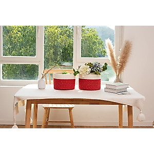 LixinJu Small Baskets for Organizing Small Woven Basket Set of 2 Red Small Rope Basket Set with Handle for Toy Cotton Round Storage Kids Baby Dog Cat Gifts, 9.5"x9.5"x7"