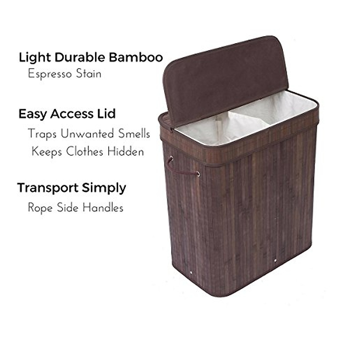 BIRDROCK HOME Double Laundry Hamper with Lid and Cloth Liner - Bamboo - Espresso - Easily Transport Laundry Basket - 2 Section Collapsible Hamper - String Handles
