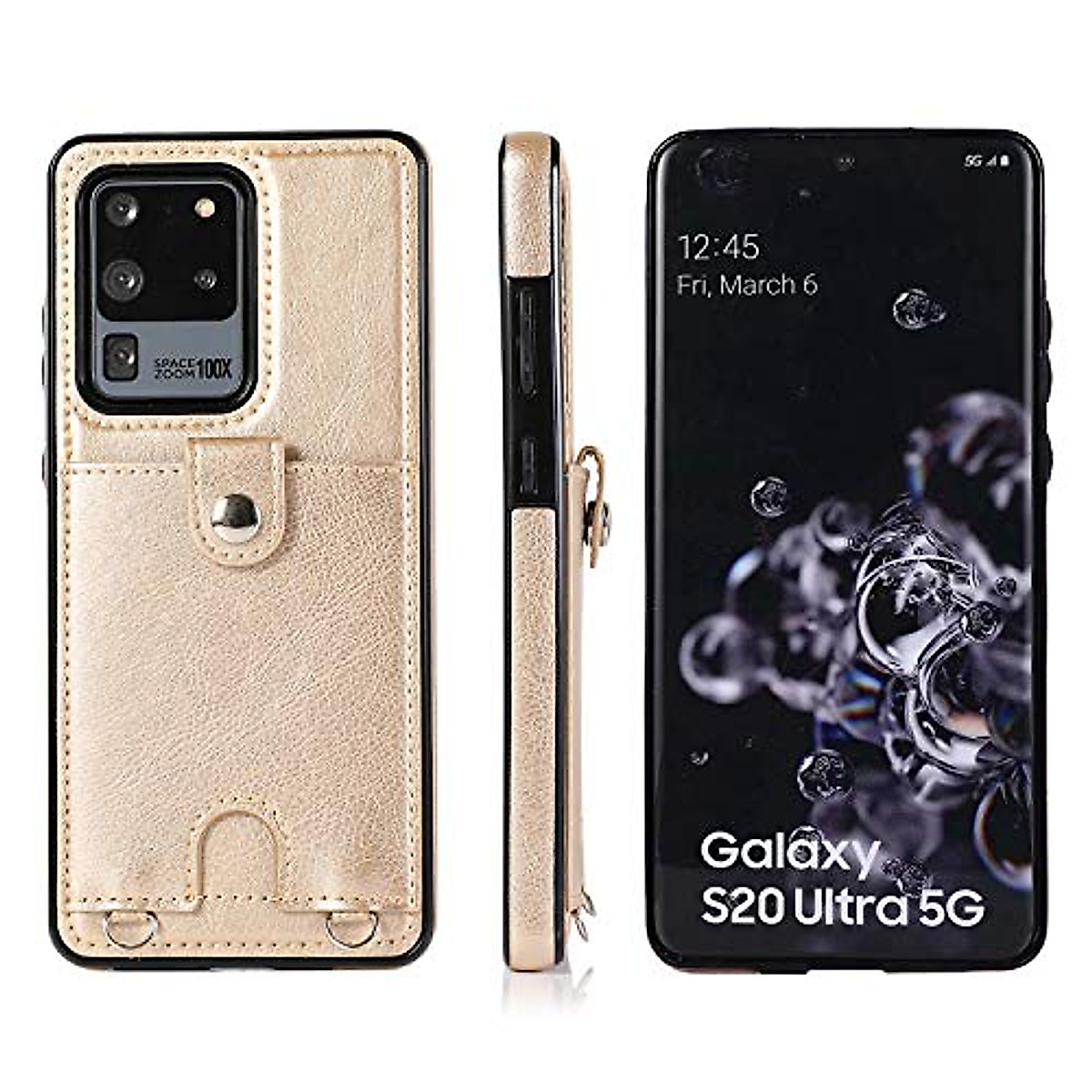 Jaorty PU Leather Wallet Case for Samsung Galaxy S20 Ultra Necklace Crossbody Lanyard Case Cover with Card Holder Adjustable Detachable Anti-Lost Neck Strap Case for Samsung Galaxy S20 Ultra,6.9",Gold