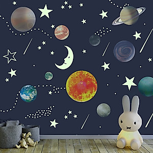 Blue Glow in The Dark Solar System Wall Decals,158 pcs Ceiling Light Stars and Moon Decoration, Planet Decor for Kids Boys Bedroom, Starry Sky Stickers for Nursery