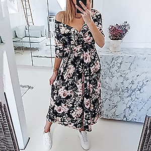 WYTong Women Boho Dresses Short Sleeve Deep V-Neck Casual Dress Pleated Waist Maxi Dress With Belt(Navy,Small)