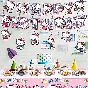 Kitty Birthday Party Supplies Include Birthday Banner, Hanging Swirl Decorations, Plates, Napkins, Tablecloth for Kitty Party Decorations, Sever 10