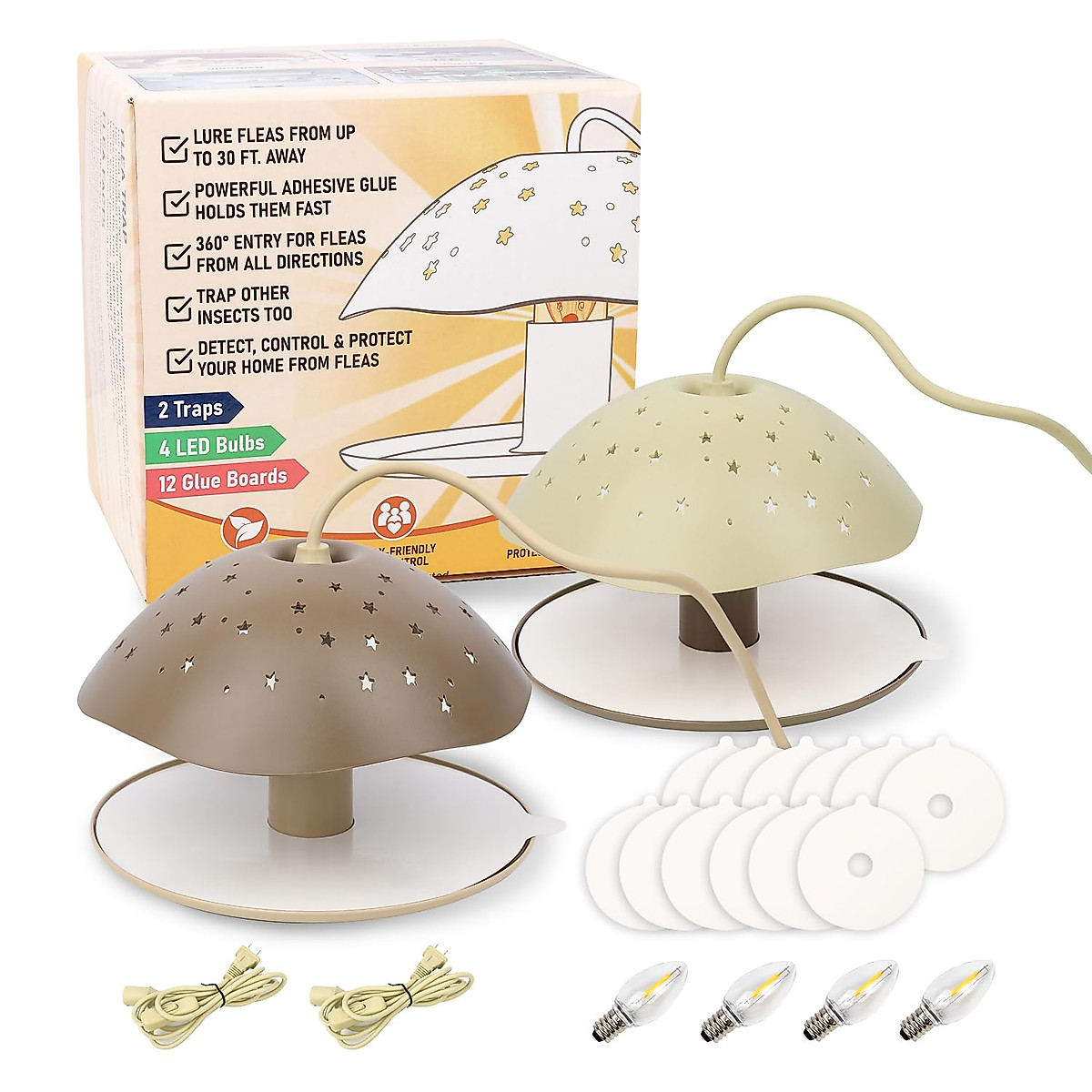 Flea Trap, 2 Packs of Sticky Flea Traps for Inside Your Home, with 12 Sticky Discs & 4 LED Bulbs & 2 Electric Wires, Indoor Bed Bug Trap Pest Control, Friendly to Pets & Children