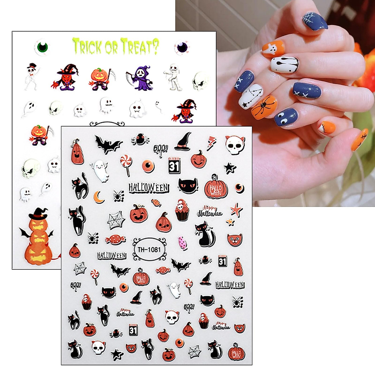 JMEOWIO 9 Sheets Halloween Glow in The Dark Nail Art Stickers Decals Self-Adhesive Pegatinas Uñas Skull Horror Nail Supplies Nail Art Design Decoration Accessories