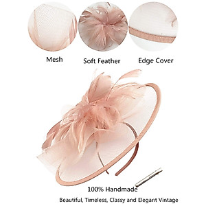 SAFERIN Fascinator Hair Clip Cocktail Hat Bowler Feather Flower Derby Kentucky Veil Wedding Party Hat Tea Fascinators (a-Skin Pink)