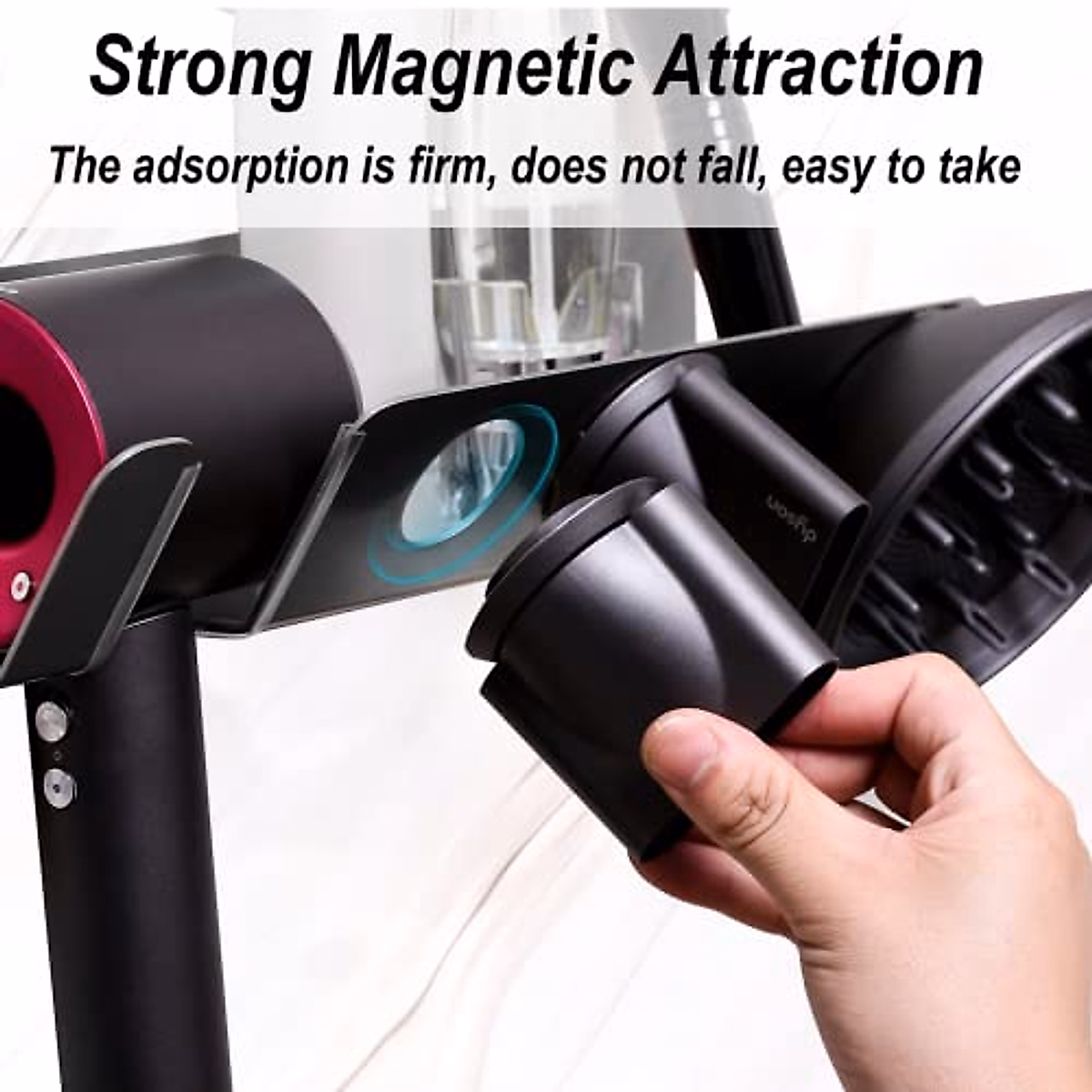 Hair Dryer Holder for Dyson Supersonic - Wall Mounted, Black Strong Magnetic Bracket Organizer for Attachments, Space-Saving Blow Hair Dryer Storage Shelf, Sturdy Bathroom Hair Care Tool Rack