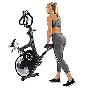Sunny Health & Fitness Asuna 7130 Lancer Cycle Exercise Bike - Magnetic Belt Drive Commercial Indoor Cycling Bike with SPD Style/Cage Pedals, 285 LB Max Weight and Low Q-Factor