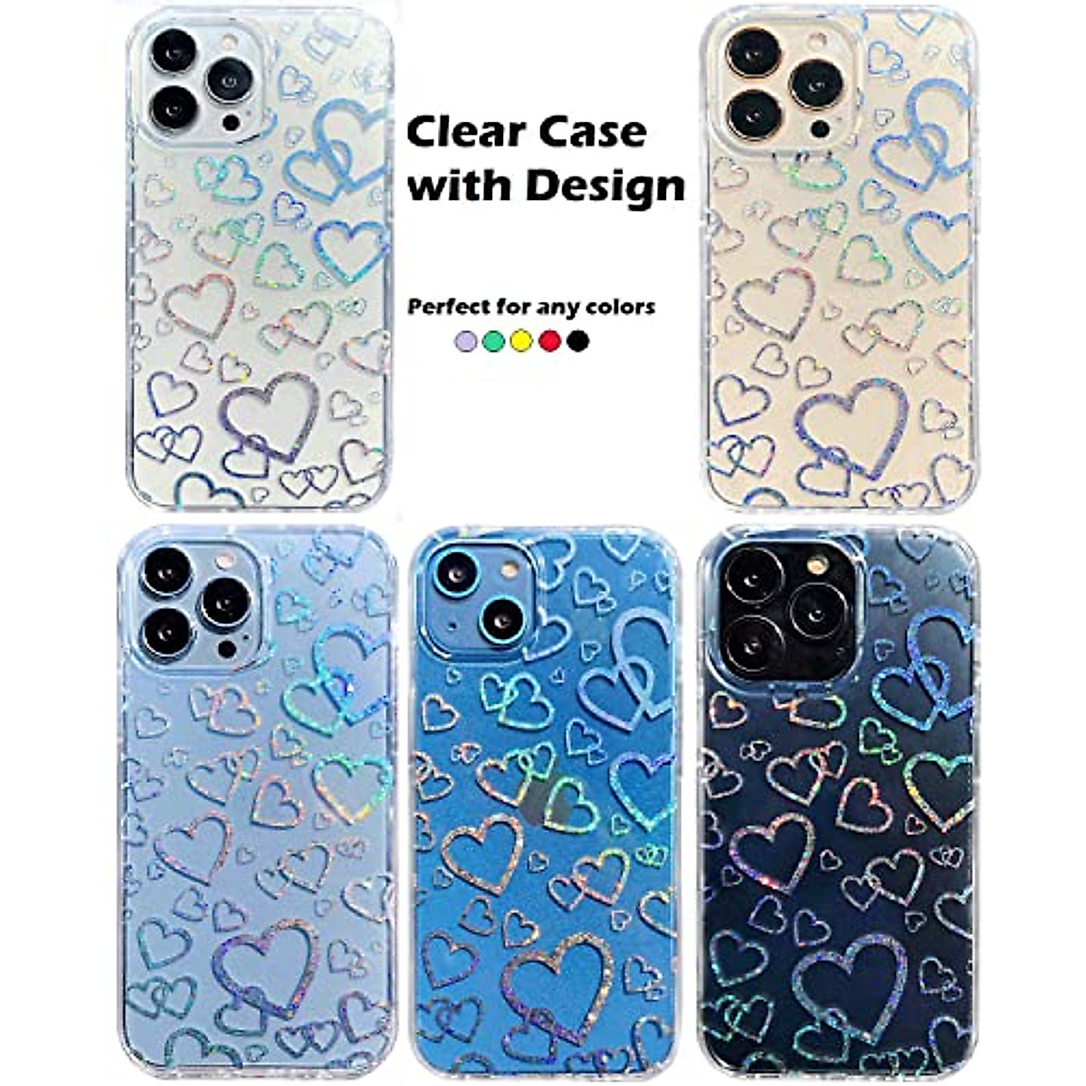 LSEEKA Compatible with iPhone 13 Pro Max Clear Case with Love Heart Laser Glitter Holographic Design,Sparkly Bling Cute Hard PC & Soft TPU Bumper Shockproof Protective Phone Cover for Women Girls