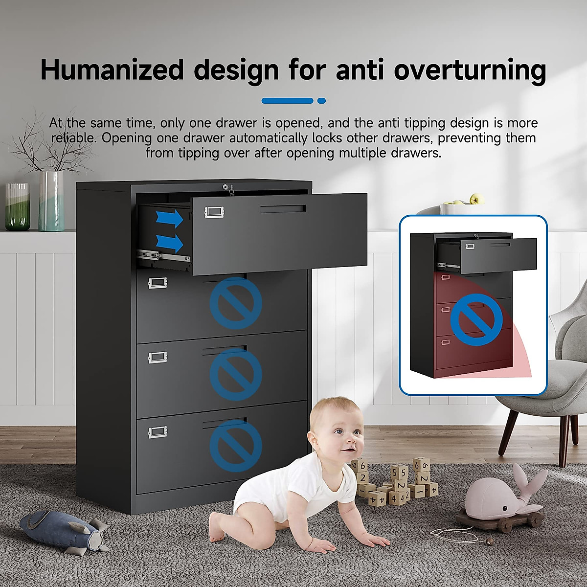 BYNSOE 4 Drawer Filing Cabinet with Lock Metal Lateral File Cabinet Office Home Steel Lateral File Cabinet for A4 Legal/Letter Size Wide Metal Cabinet Locked,Assembly Required (4 Drawer, Black)