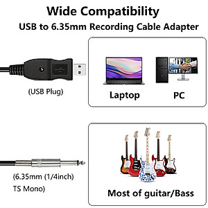 GELRHONR USB Guitar Cable,USB 2.0 Male to 6.35mm (1/4inch) TS Mono Electric Guitar Converter Cable for Guitar to Computer Music Recording-3M/10Ft