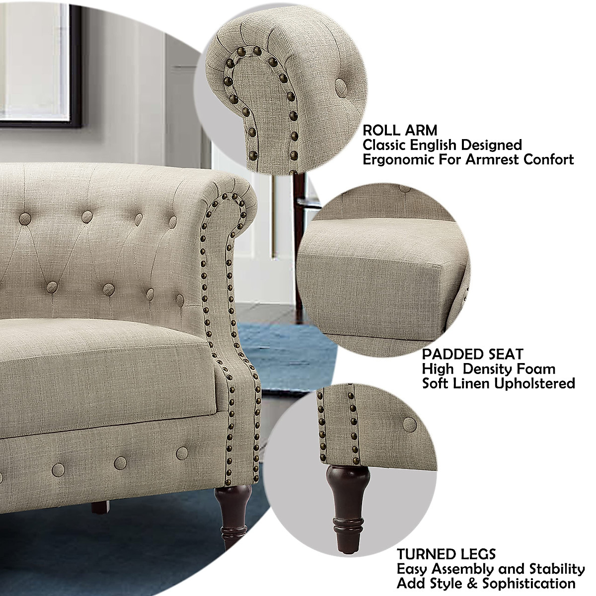 ROSEVERA Garner Chesterfield Settee Loveseat, Brown