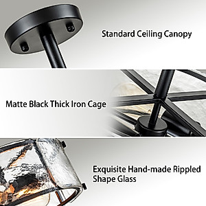 TinHon Black Semi Flush Mount Ceiling Light,12.8" Modern Small Drum Close to Ceiling Light Fixture,Easy to Install 2-Light Lightweight Glass Ceiling Lights for Dining Room,Living Room,Kitchen