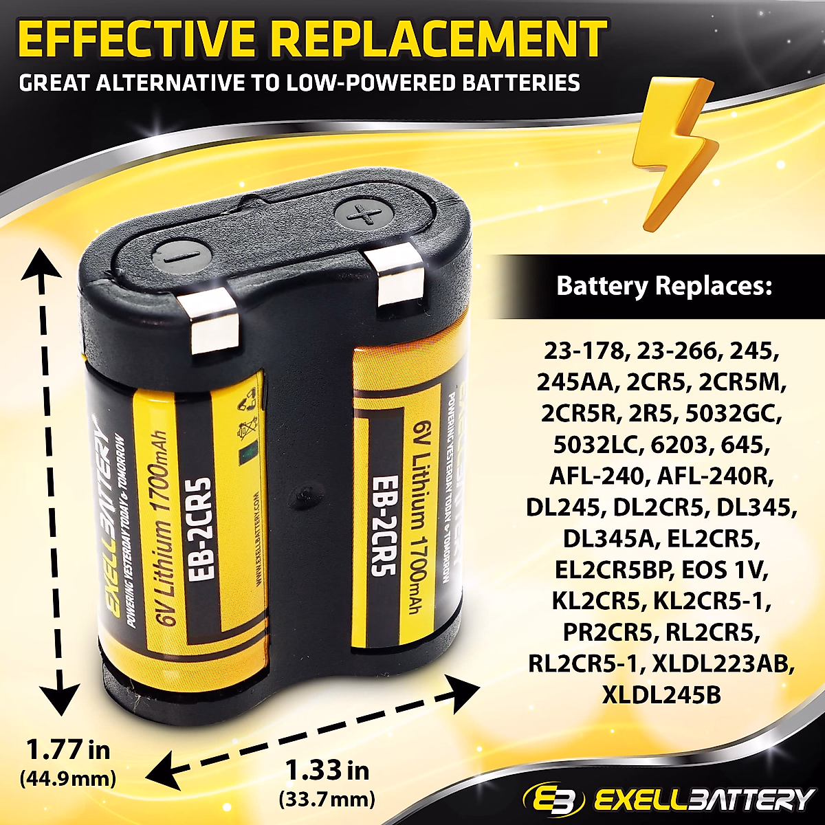 (5-Pack) 2CR5 6V 1700mAh (Highest Capacity on The Market) Photo Lithium Battery Replaces 2CR5, 2CR5M, 2CR5R, 5032GC, 5032LC, AFL-240R, DL245, DL2CR5, DL345, DL345A, EL2CR5, EL2CR5BP, EOS 1V, KL2CR5