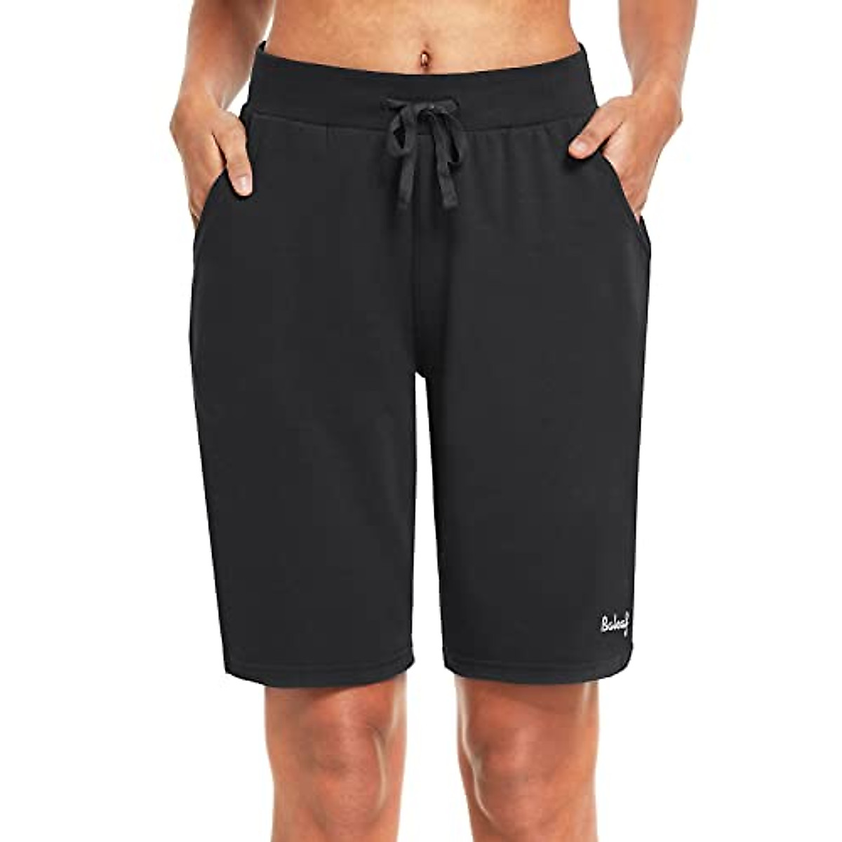 BALEAF Womens Exercise,Basketball,Fitness,Jogging,Walking,Running,Workout,Gym,Yoga Sweat Shorts Long Cotton Bermuda Summer Casual Drawstring Shorts with Pockets, Medium, Black
